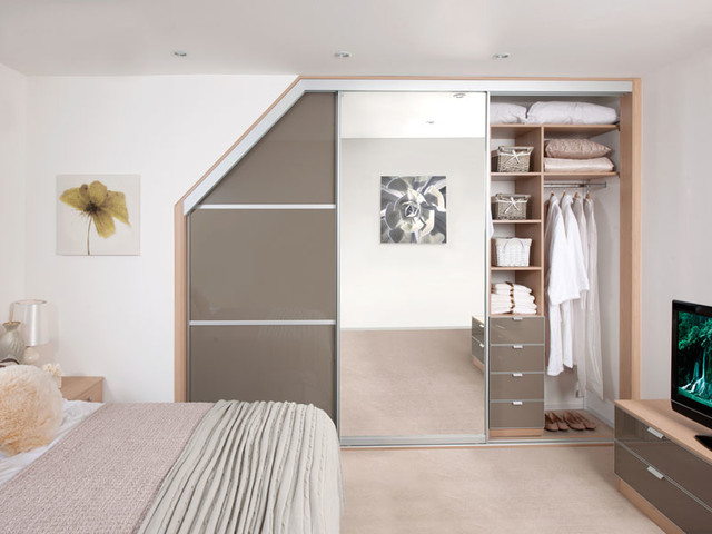 Brown Classic glass sliding doors with angled door. Partial carcase ...