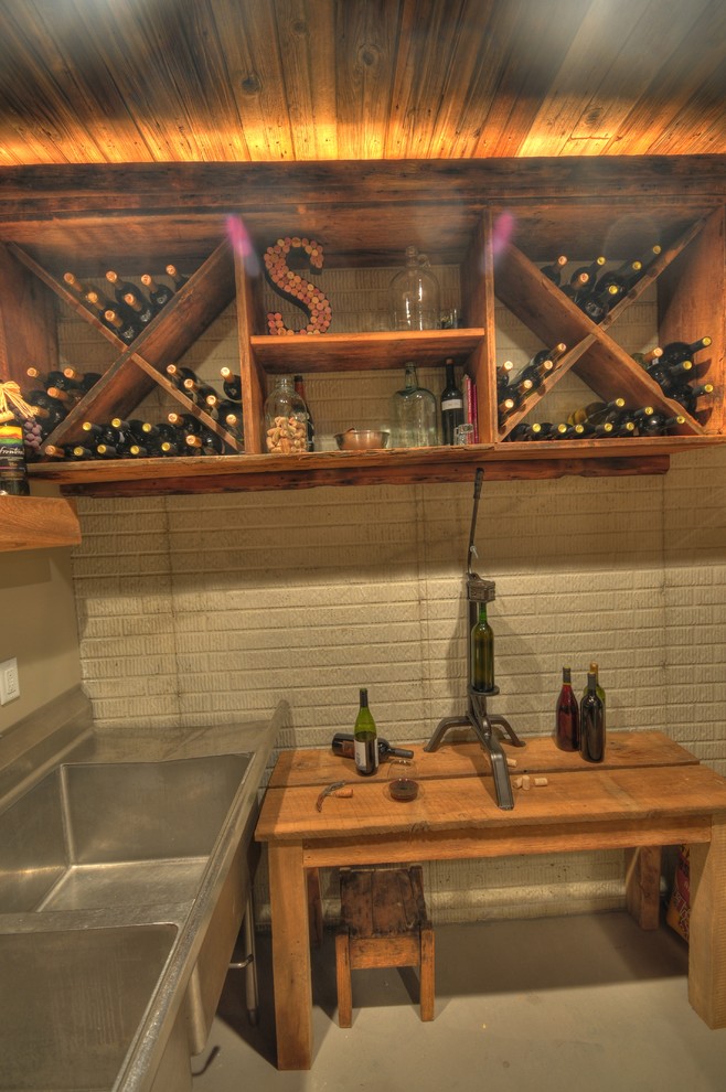 Contemporary-Rustic finished basement with reclaimed barn beams & wine ...