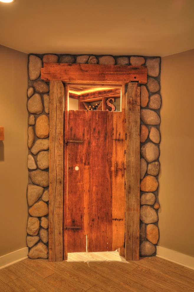 Contemporary-Rustic finished basement with reclaimed barn beams & wine ...