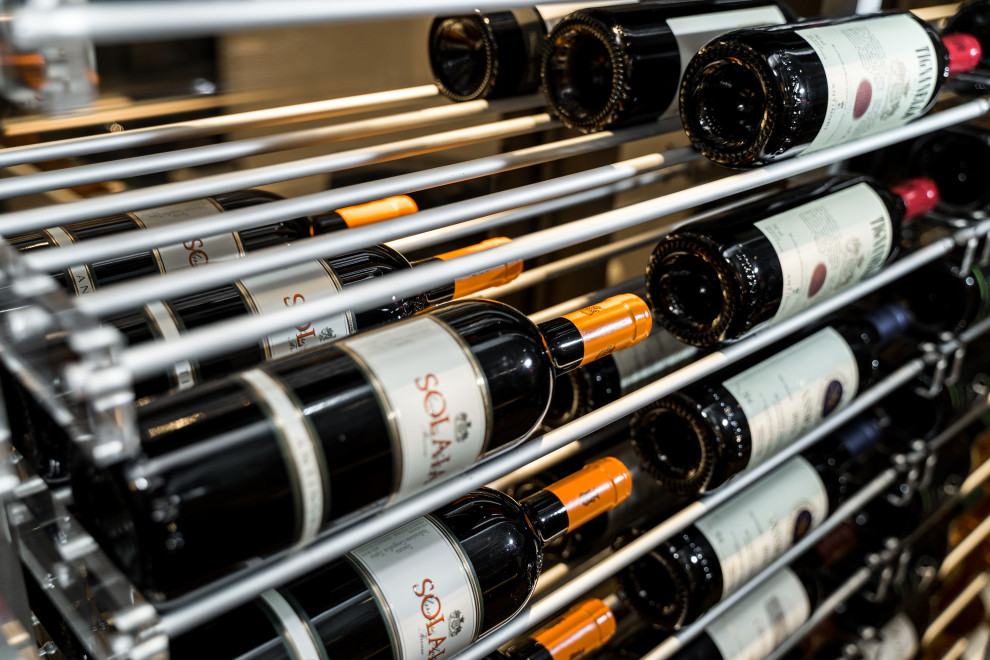 Modern Wine Cellar With Sleek Racking, Enclosed In Glass - Midcentury ...