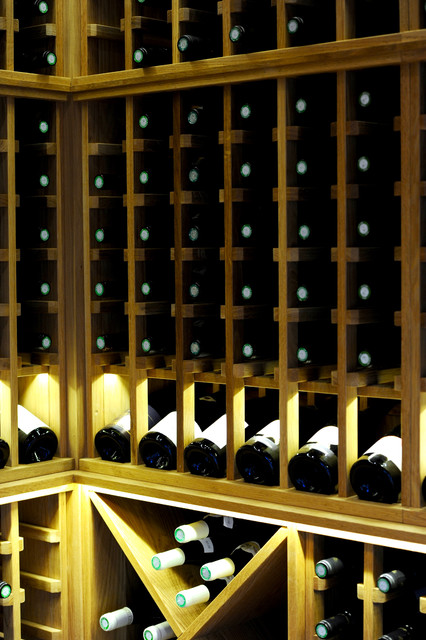 Private wine cellar in Wirral using oak racks, cubes and shelves ...