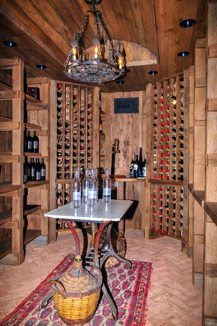 Wine Cellar with Reclaimed Oak walls, ceiling & shelving & Brick Floor ...